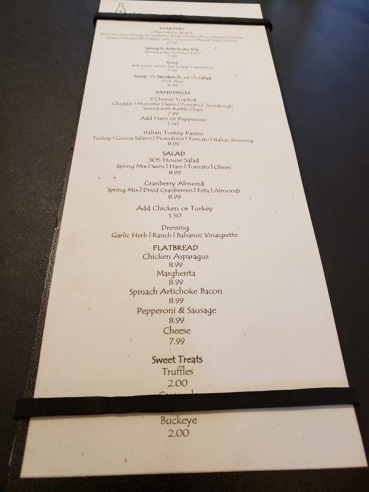 Menu at AJ's Wine & Dine Garage aka305 Wine Garage Inc pub & bar, Fortville