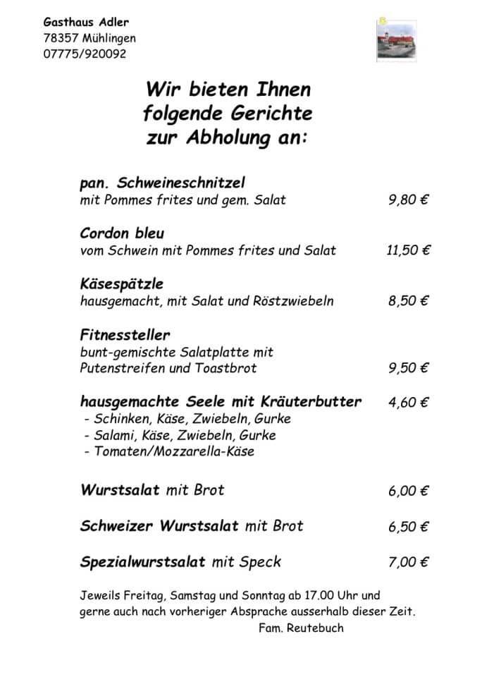 Menu at Adler restaurant, Mühlingen