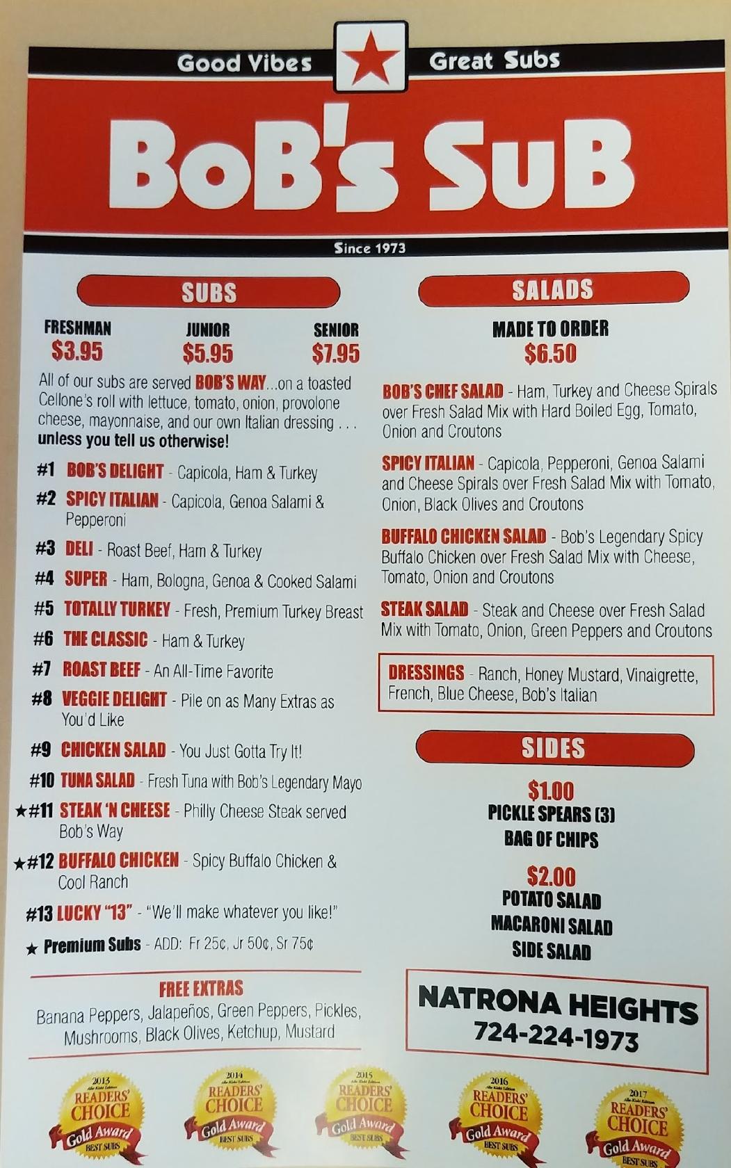 Menu at Bob's Sub pizzeria, Natrona Heights, Freeport Rd