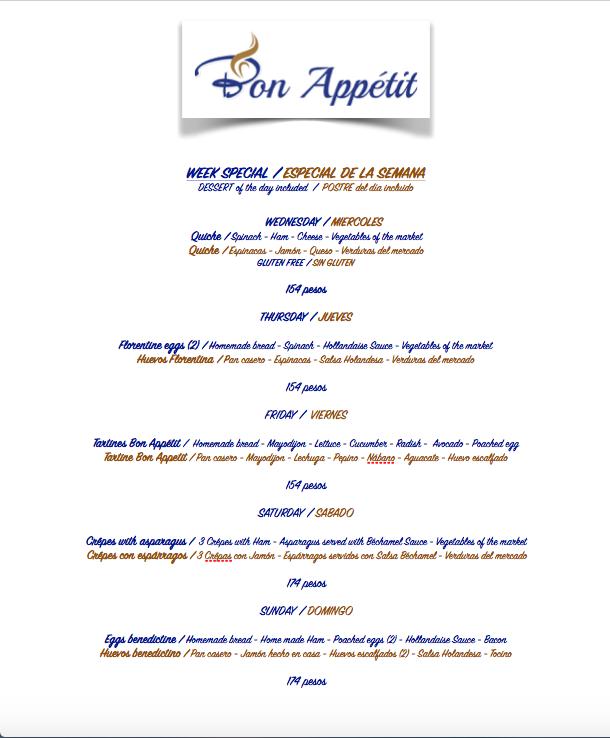 Menu at Bon Appetit restaurant, El Centenario