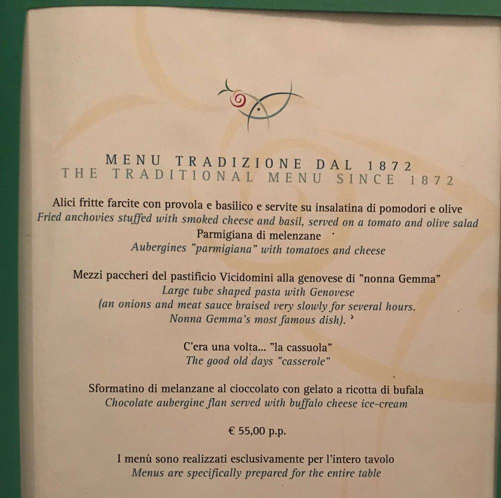 Menu at Da Gemma restaurant, Amalfi, Via Fra Gerardo Sasso
