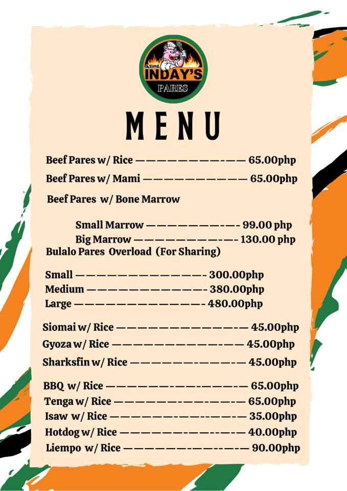 Menu at Aling Inday’s Food Hub restaurant, Santa Rosa