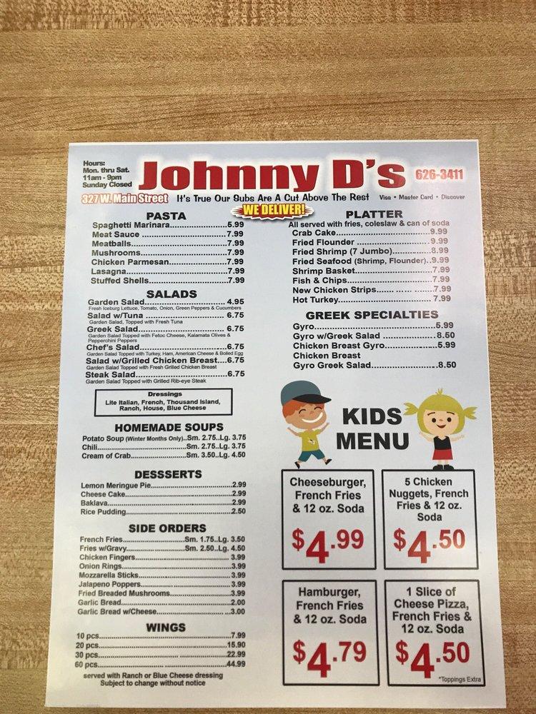 Menu at Johnny D's Pizza and Subs pizzeria, Clarksburg