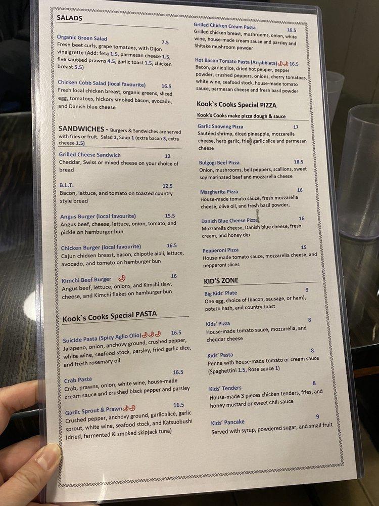 Menu at Kook's Cooks pizzeria, Coquitlam