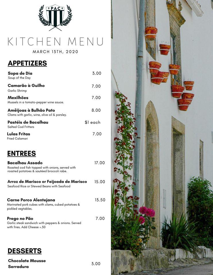 Menu at Portuguese American Club, Bethlehem
