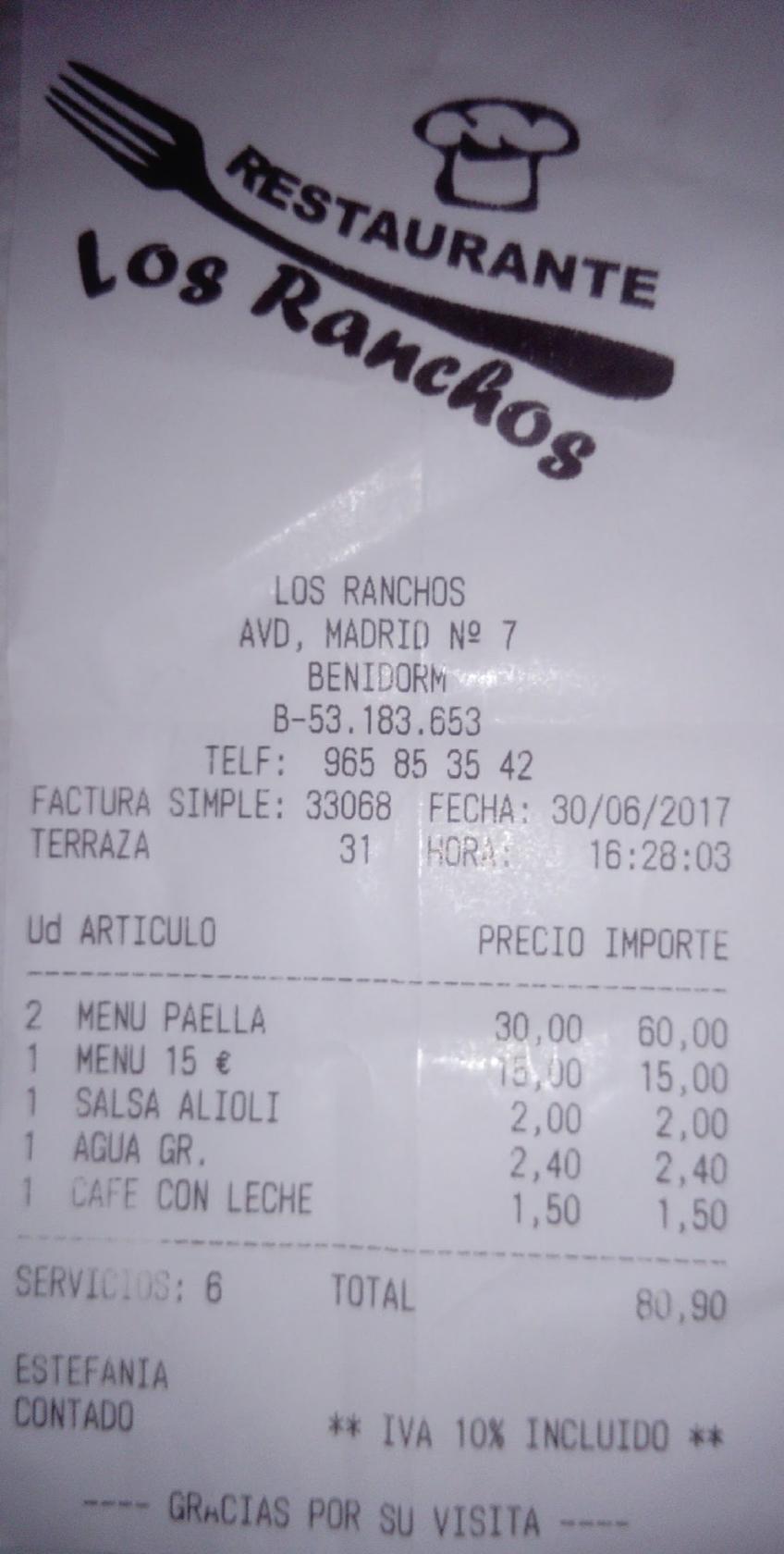 Carta de Restaurante los Ranchos, Benidorm