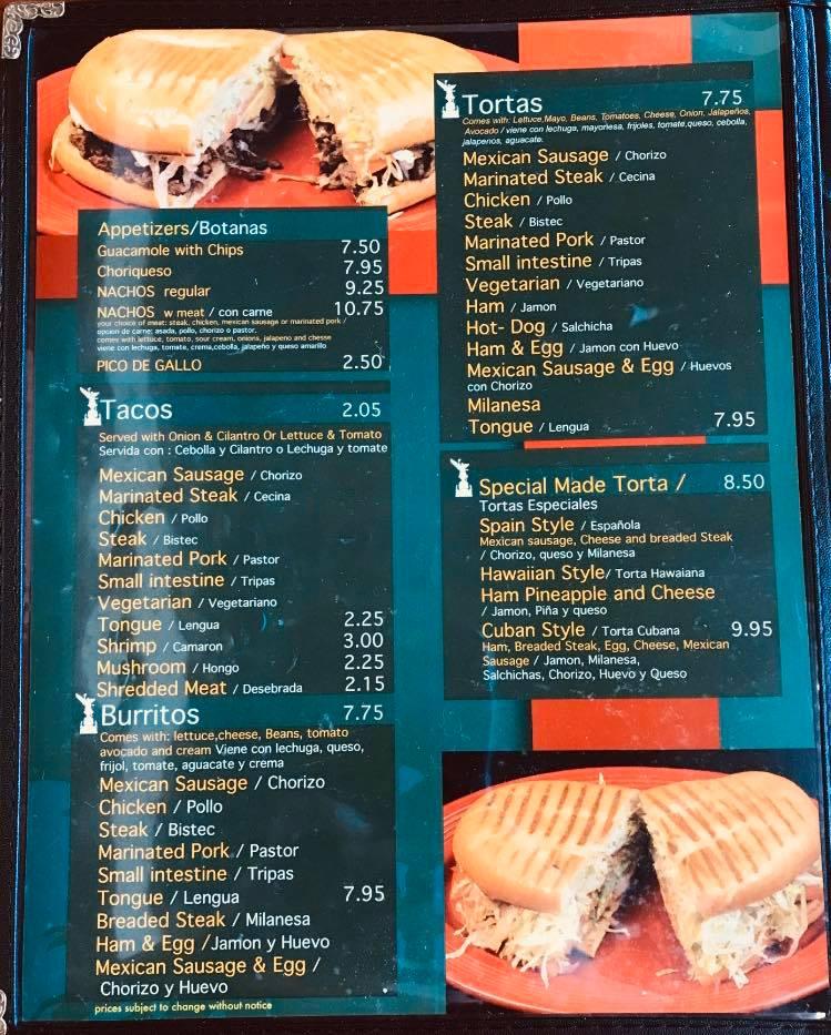 Menu at Taqueria El Sazon restaurant, Batavia