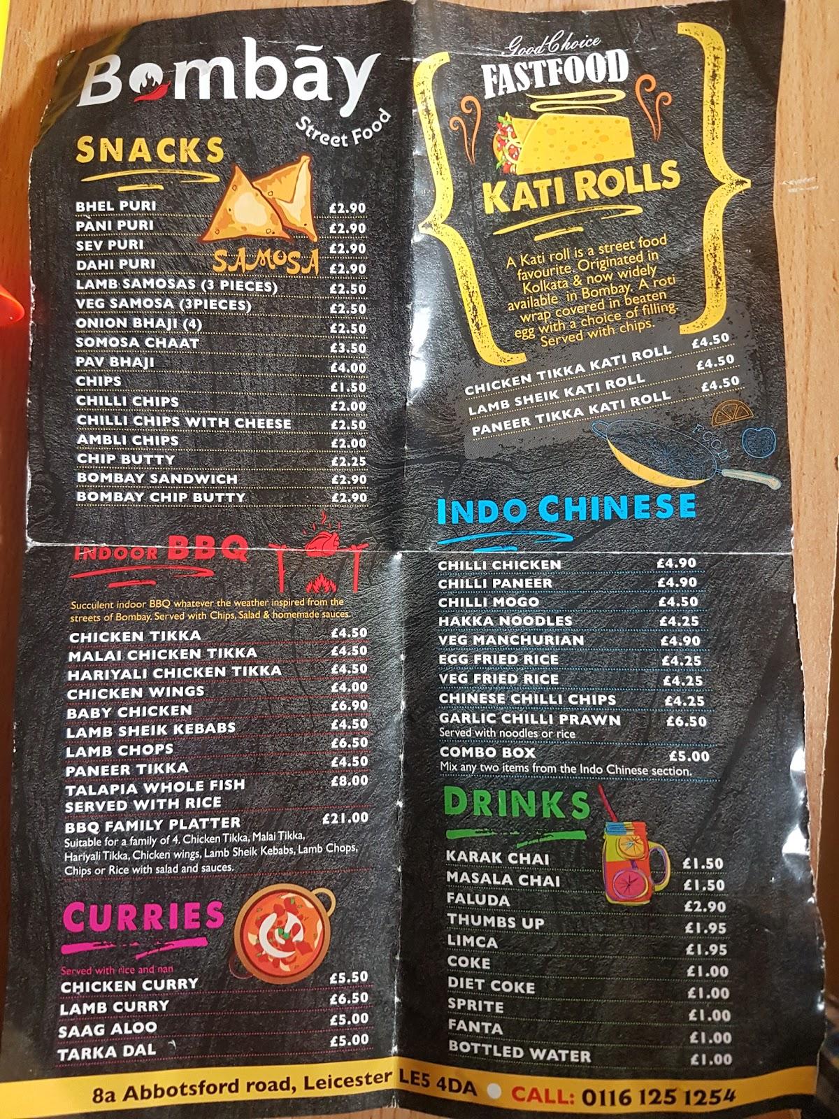 Menu at Bombay Street Food restaurant, Leicester