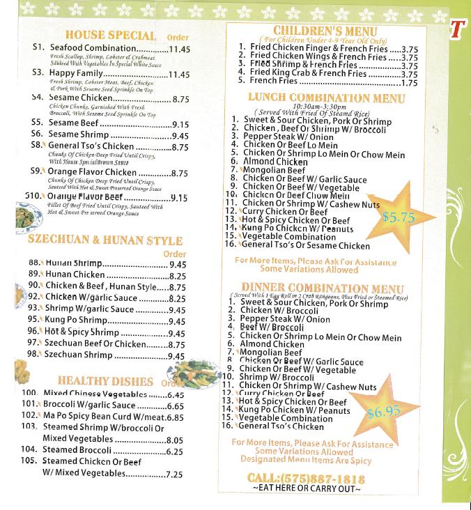 Menu at Dragon China Buffet restaurant, Carlsbad
