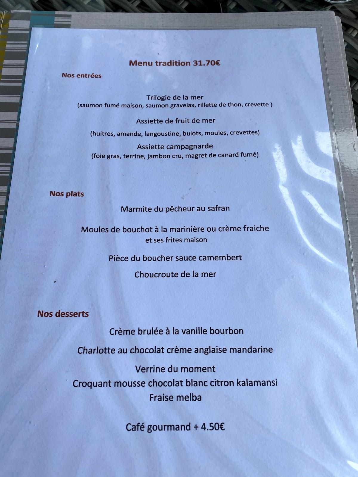 Menu au La Calypso pub et bar, Le Tréport