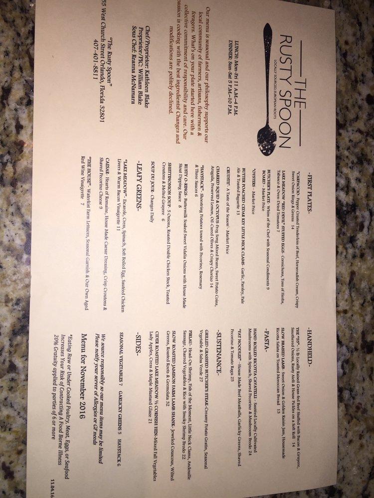Menu at The Rusty Spoon restaurant, Orlando