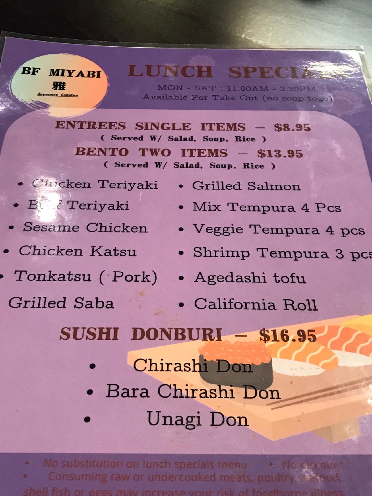Menu at BF Miyabi restaurant, Roseville