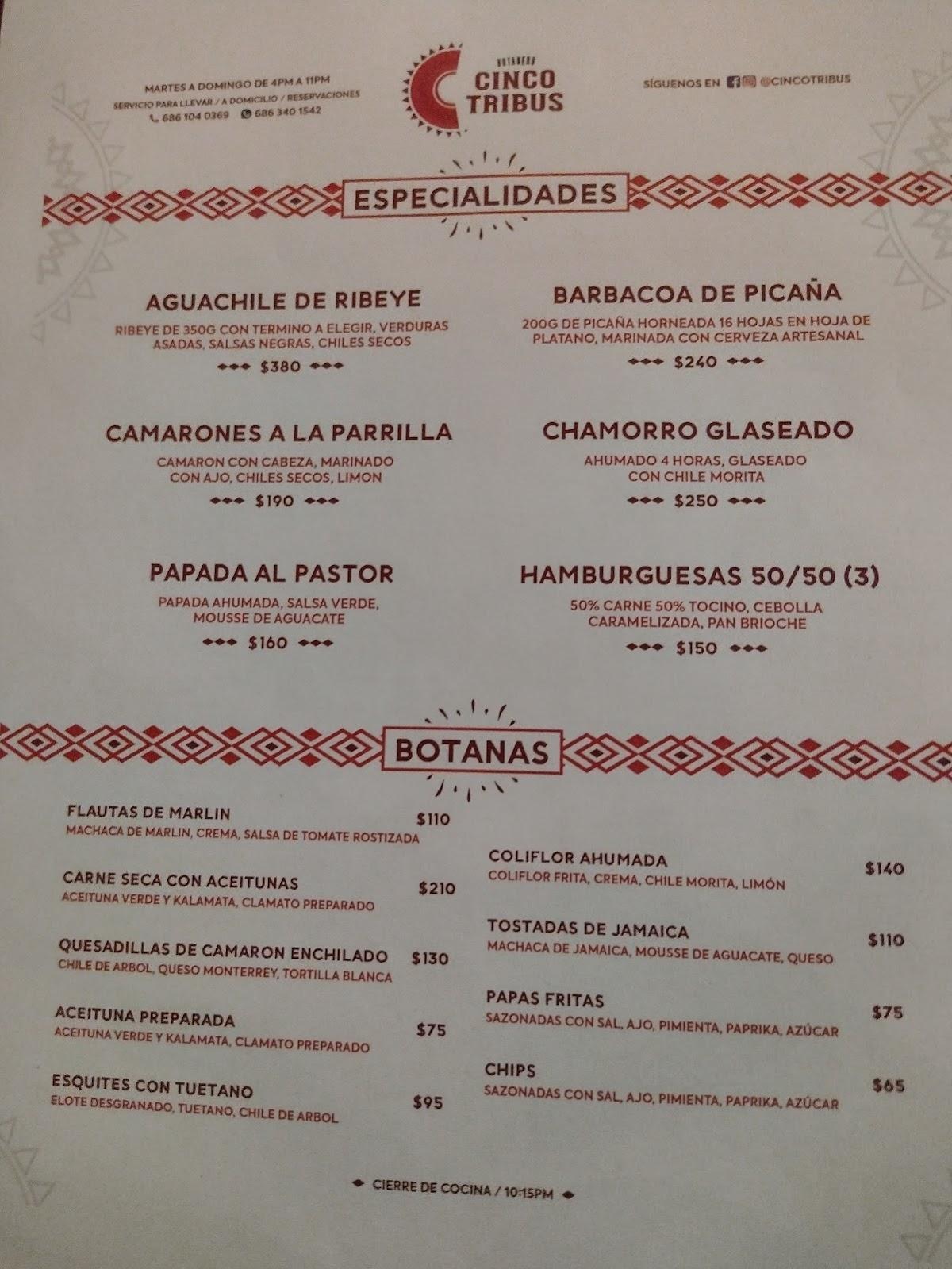 Carta del restaurante Botanero Cinco Tribus, Mexicali