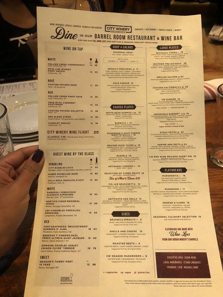Menu at City Winery Philadelphia pub & bar, Philadelphia