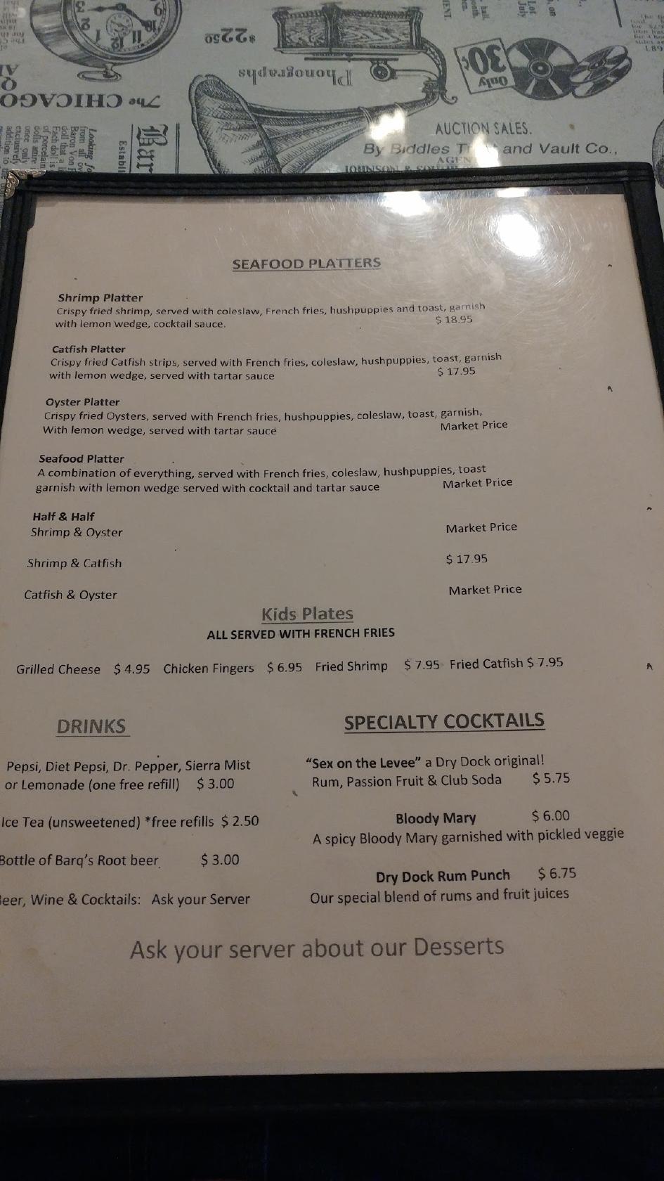 Menu at Dry Dock Café pub & bar, New Orleans
