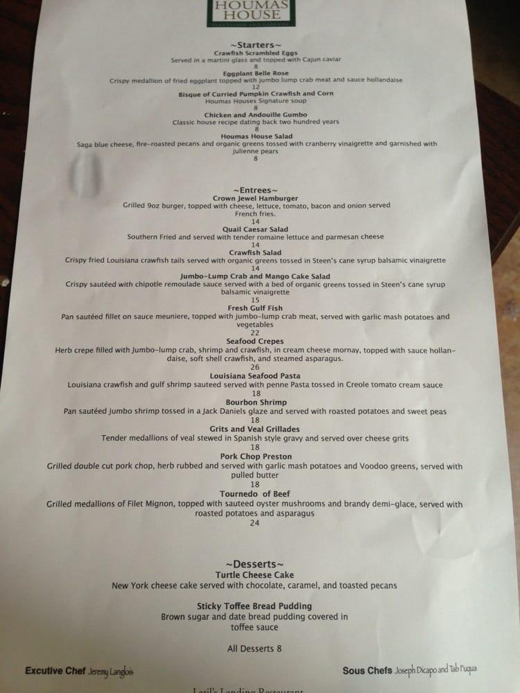 Menu at Dixie Cafe at Houmas House and Gardens, USA