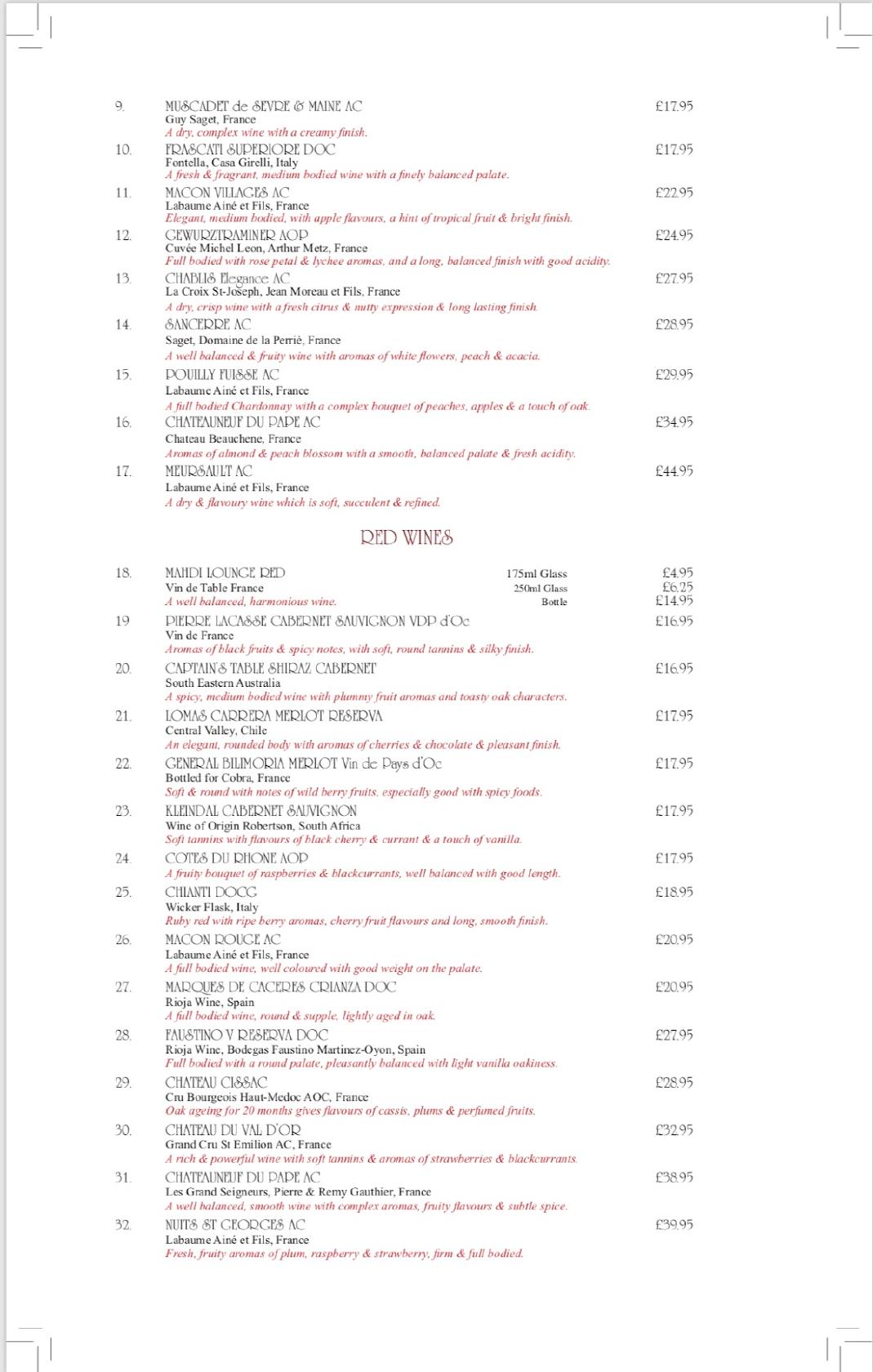 Menu at Mahdi Lounge restaurant, Rye
