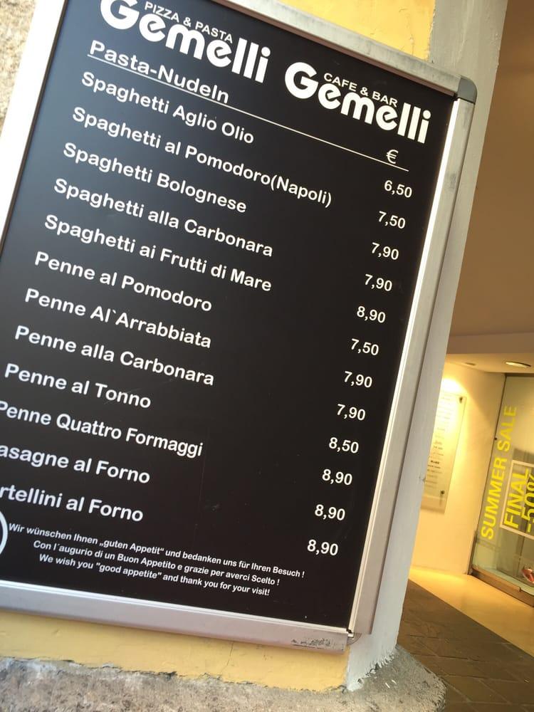 Menu at Gemelli cafe, Innsbruck