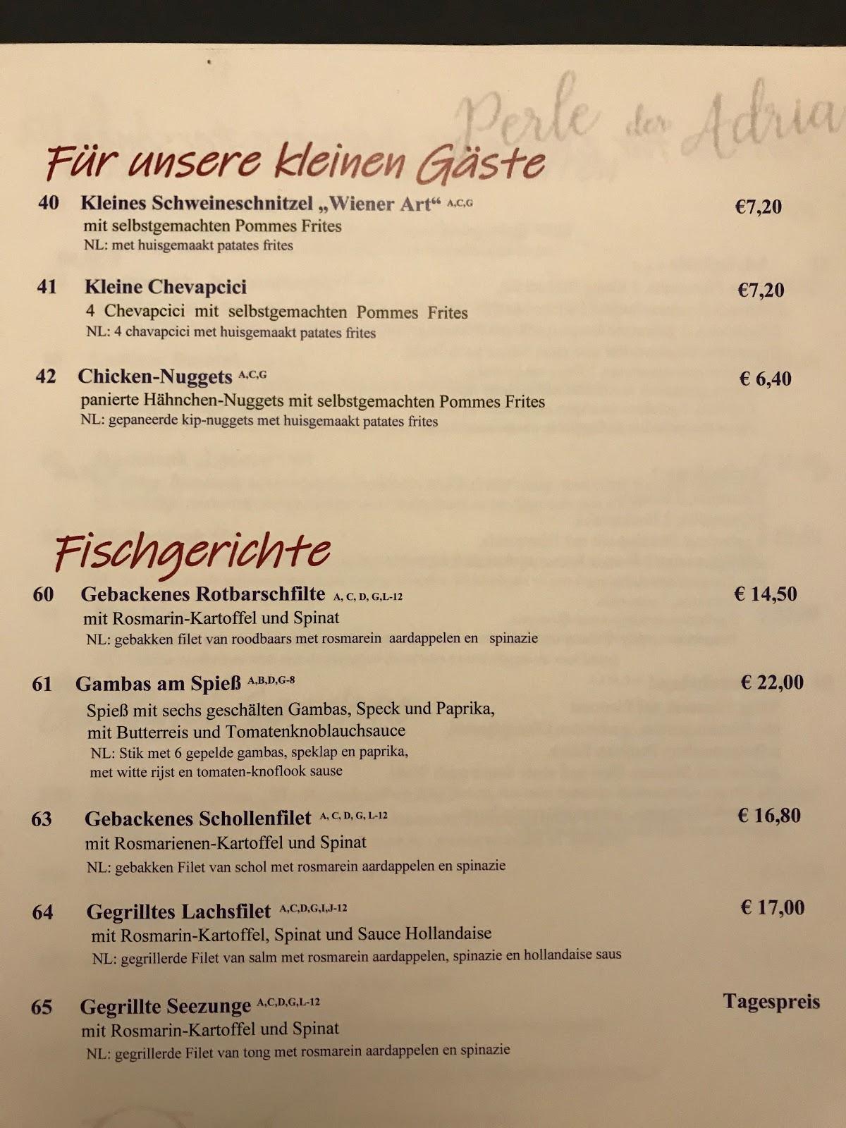 Speisekarte von Restaurant Perle der Adria, Selfkant