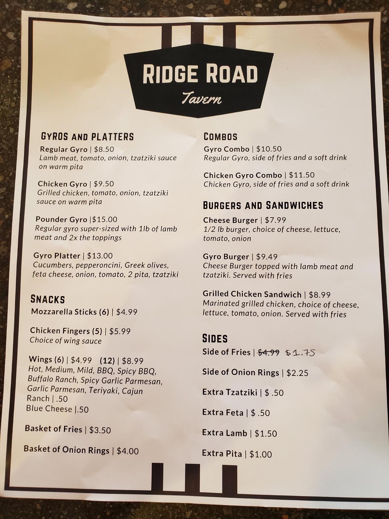 Menu at Ridge Road Tavern pub & bar, Parma