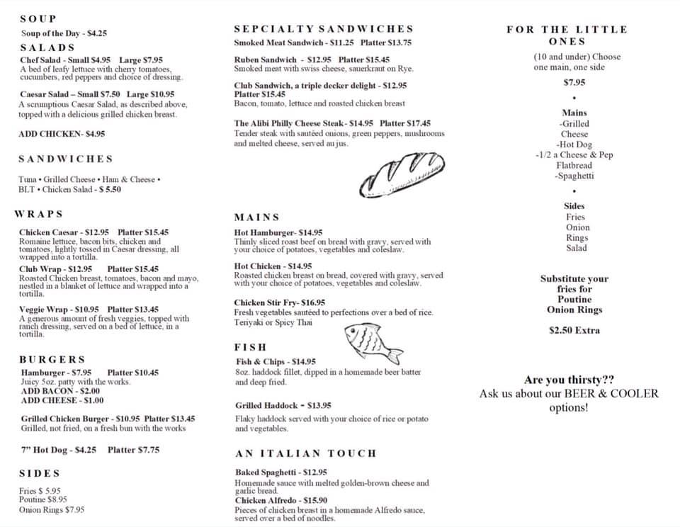 Menu at The Alibi Restaurant, Iroquois