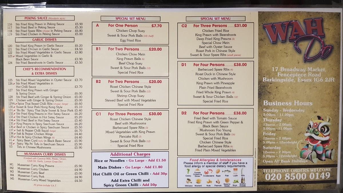Menu at Wah Do fast food, Ilford, Broadway Market