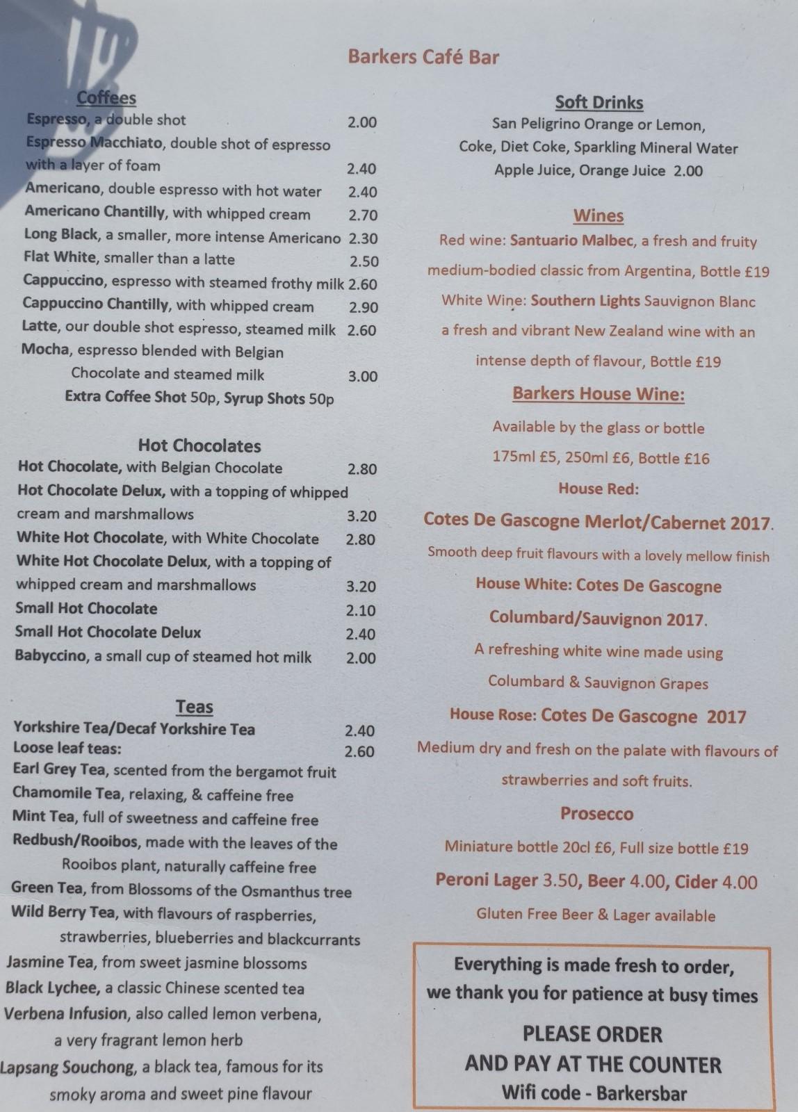 Menu at Barkers Cafe Bar, Helmsley