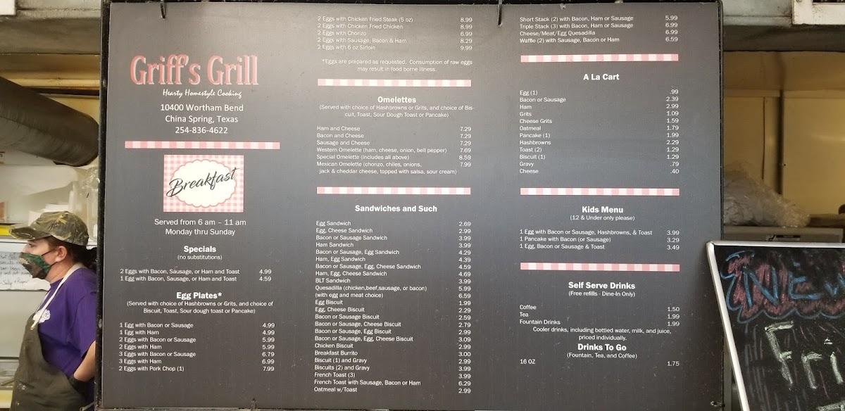 Menu at Griff's Restaurant, Waco