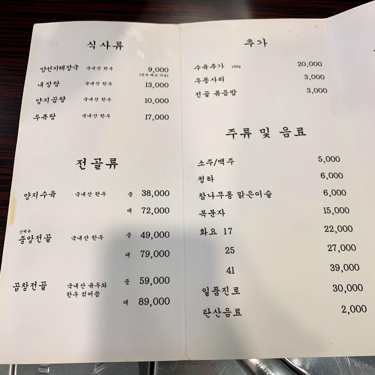 Carta del restaurante Joongang Haejang, Seul