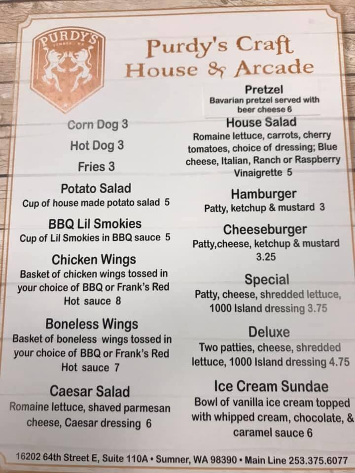 Menu at Purdy's Public House & Arcade, Sumner