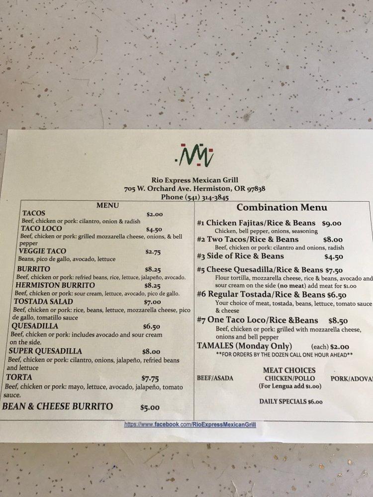 Menu at Rio Express Mexican Grill restaurant, Hermiston