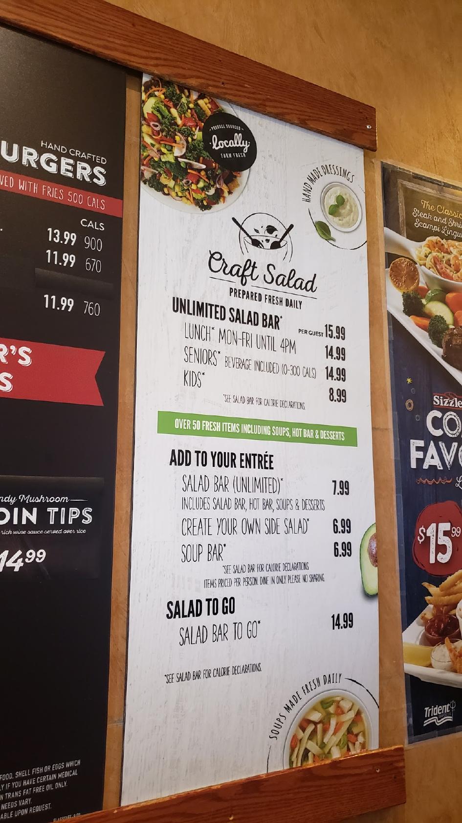 Carta de parrilla Sizzler, Flagstaff, S Milton Rd