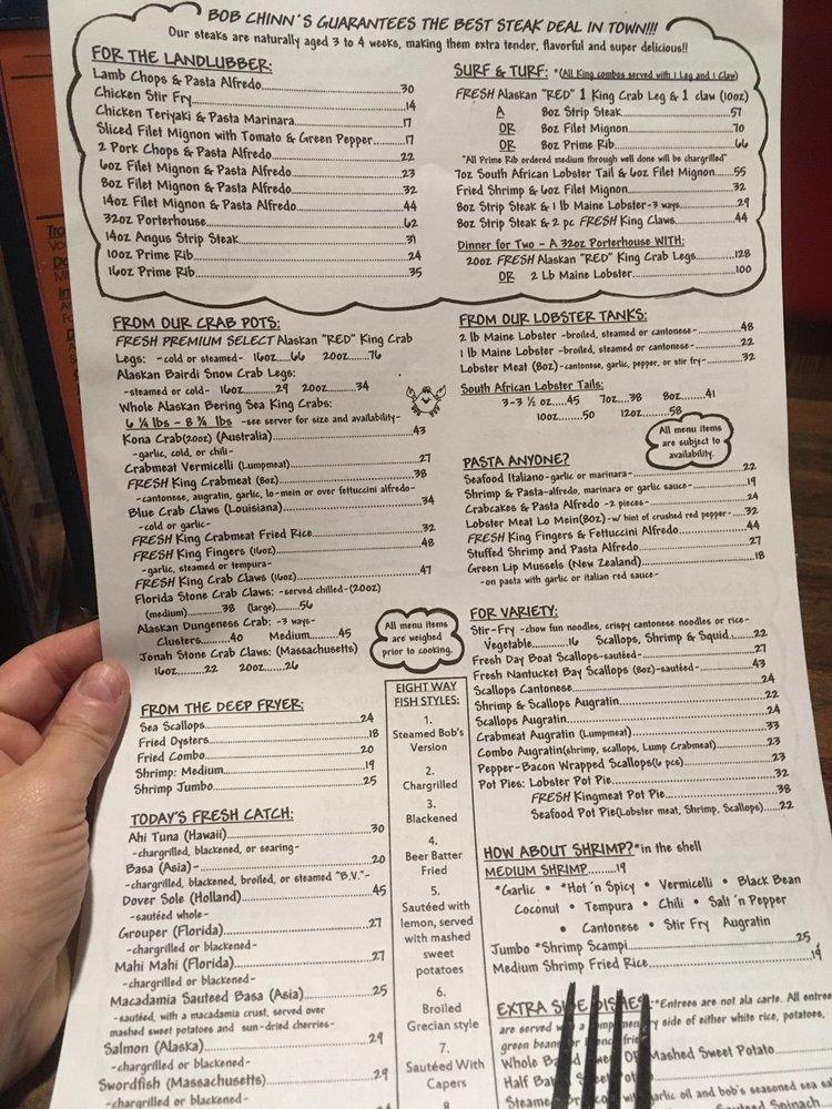 Menu at Bob Chinn's Crab House steakhouse, Wheeling