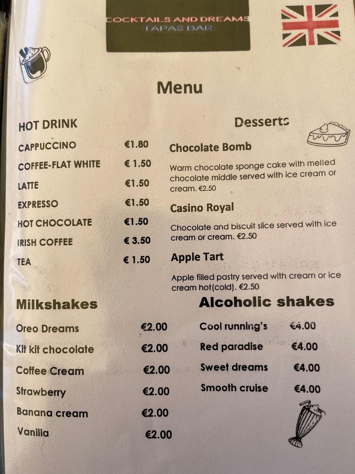 Menu at Cocktails & Dreams Tapas Bar, Benidorm
