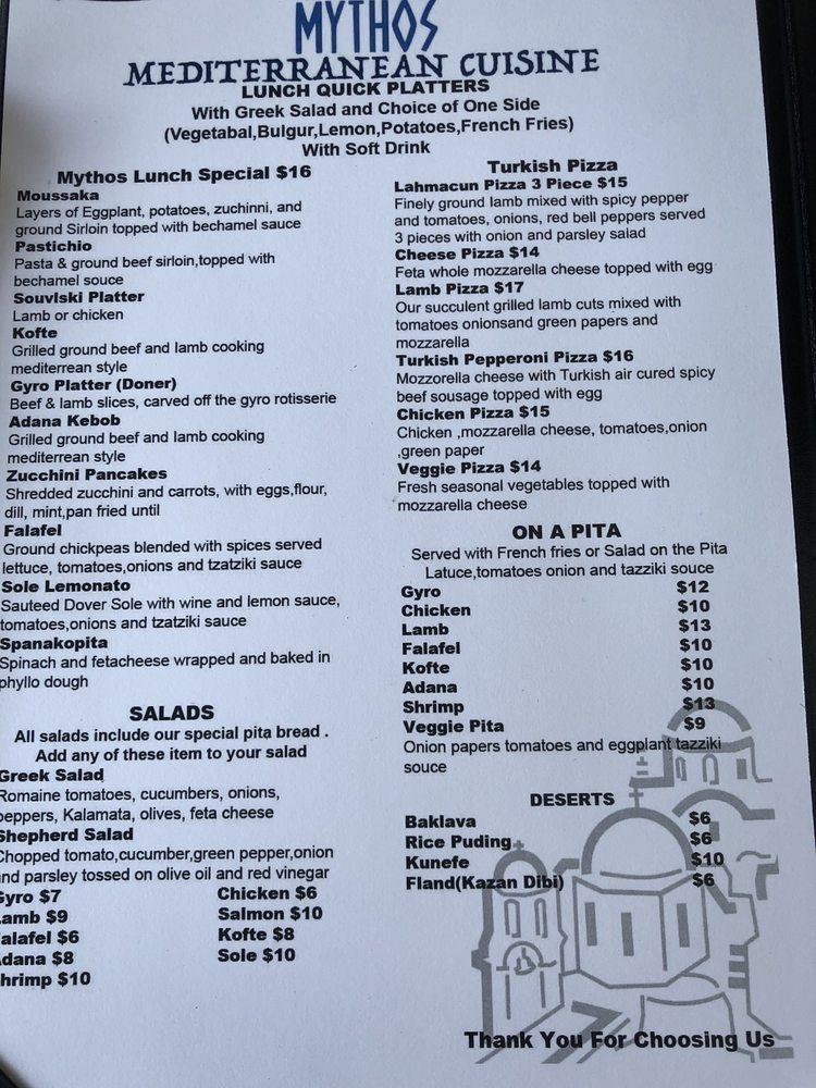 Menu at Mythos Taverna restaurant, Boca Raton
