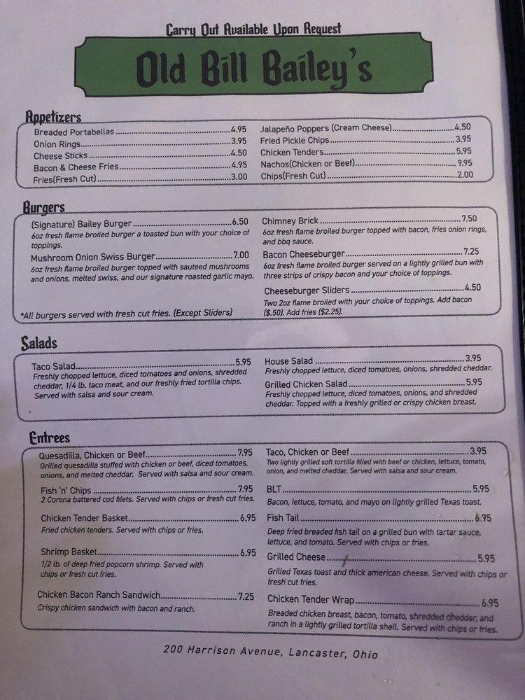 Menu at Old Bill Bailey's pub & bar, Lancaster