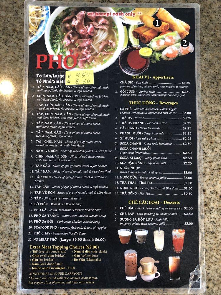Menu at Pho 75 restaurant, Rockville