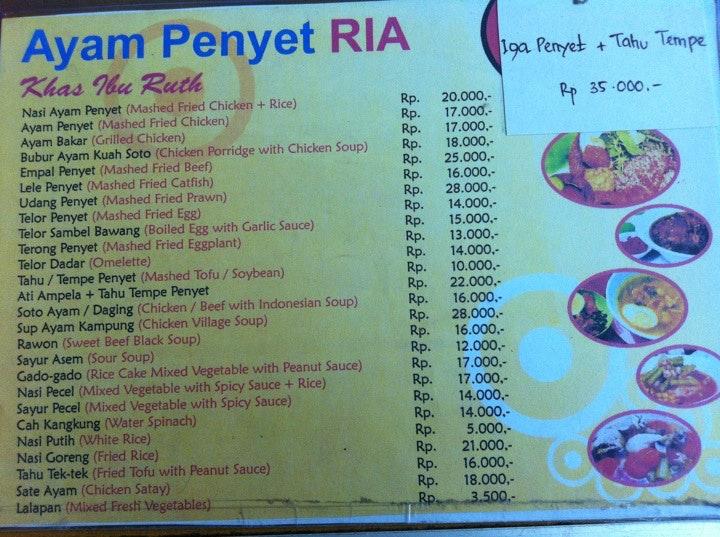 Menu at Ayam Penyet Ria restaurant, Batam, Mega Mall Batam Center