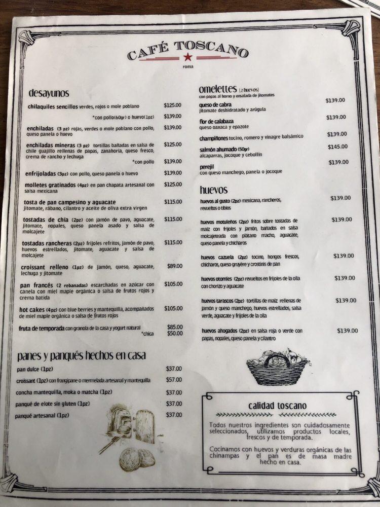 Carta de Café Toscano, Ciudad López Mateos, Orizaba 42 Roma Nte. Cuauhtémoc