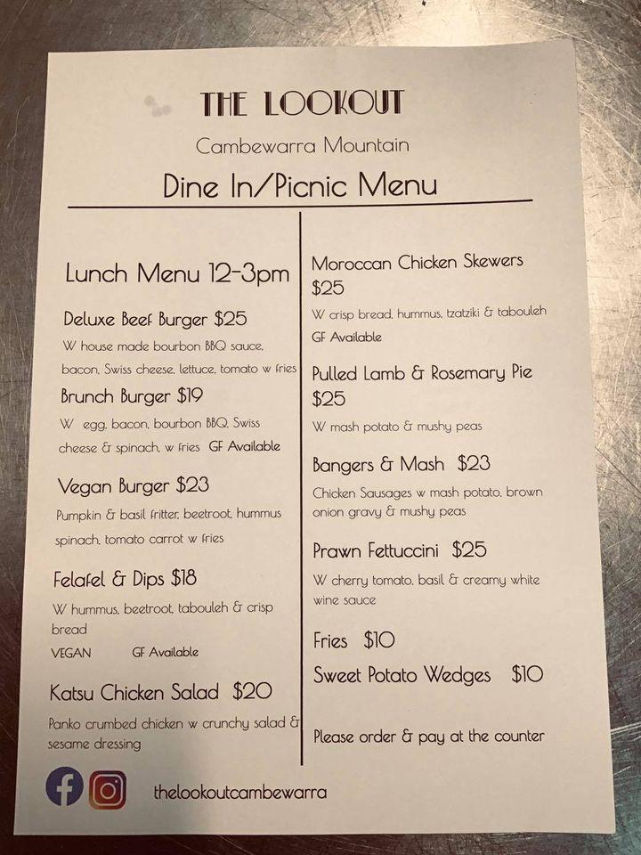 Menu at Cambewarra Mountain Lookout restaurant, Beaumont