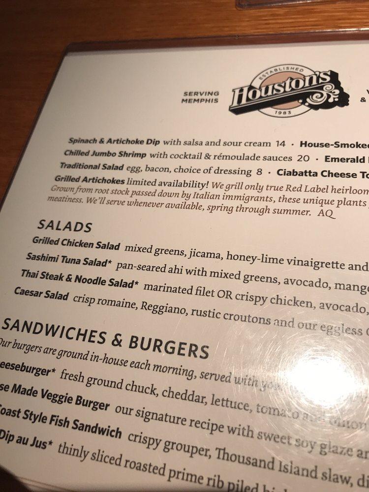Menu at Houston's steakhouse, Memphis