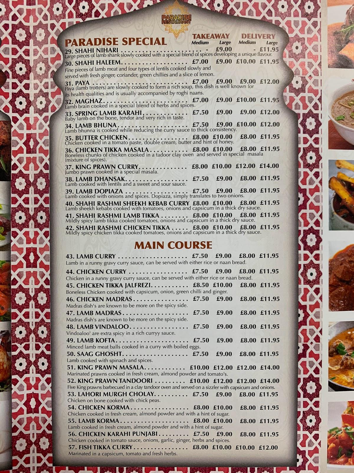 Menu at Paradise Restaurant, London, 15A Turnpike Ln