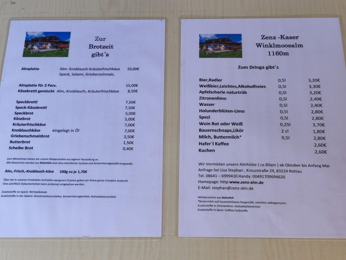 Menu at Zenz-Alm restaurant, Reit im Winkl