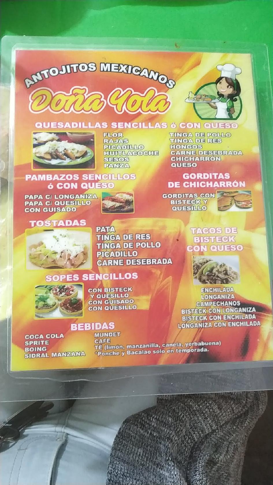 Menu at Antojitos Mexicanos Doña Yola restaurant, Mexico City