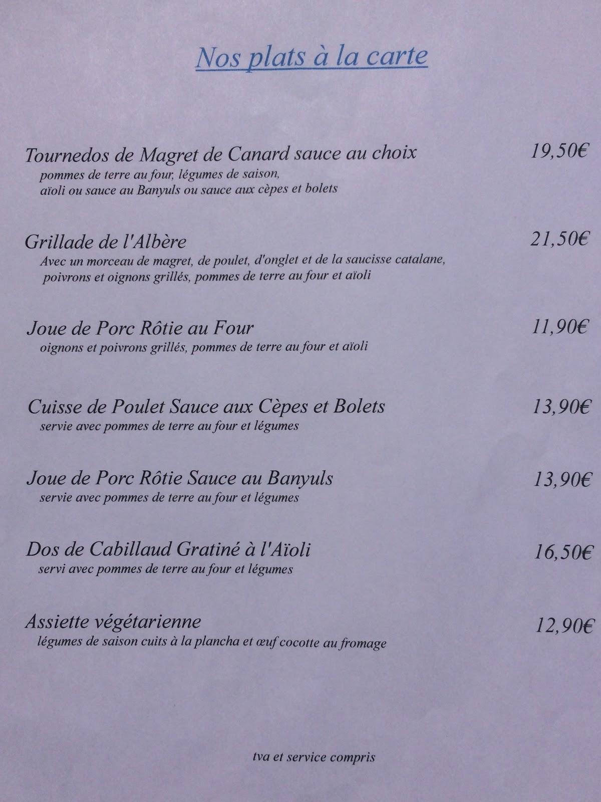 Menu at Le Chalet de l'Albère restaurant, L'Albère, Rue du Col de l'Ouillat