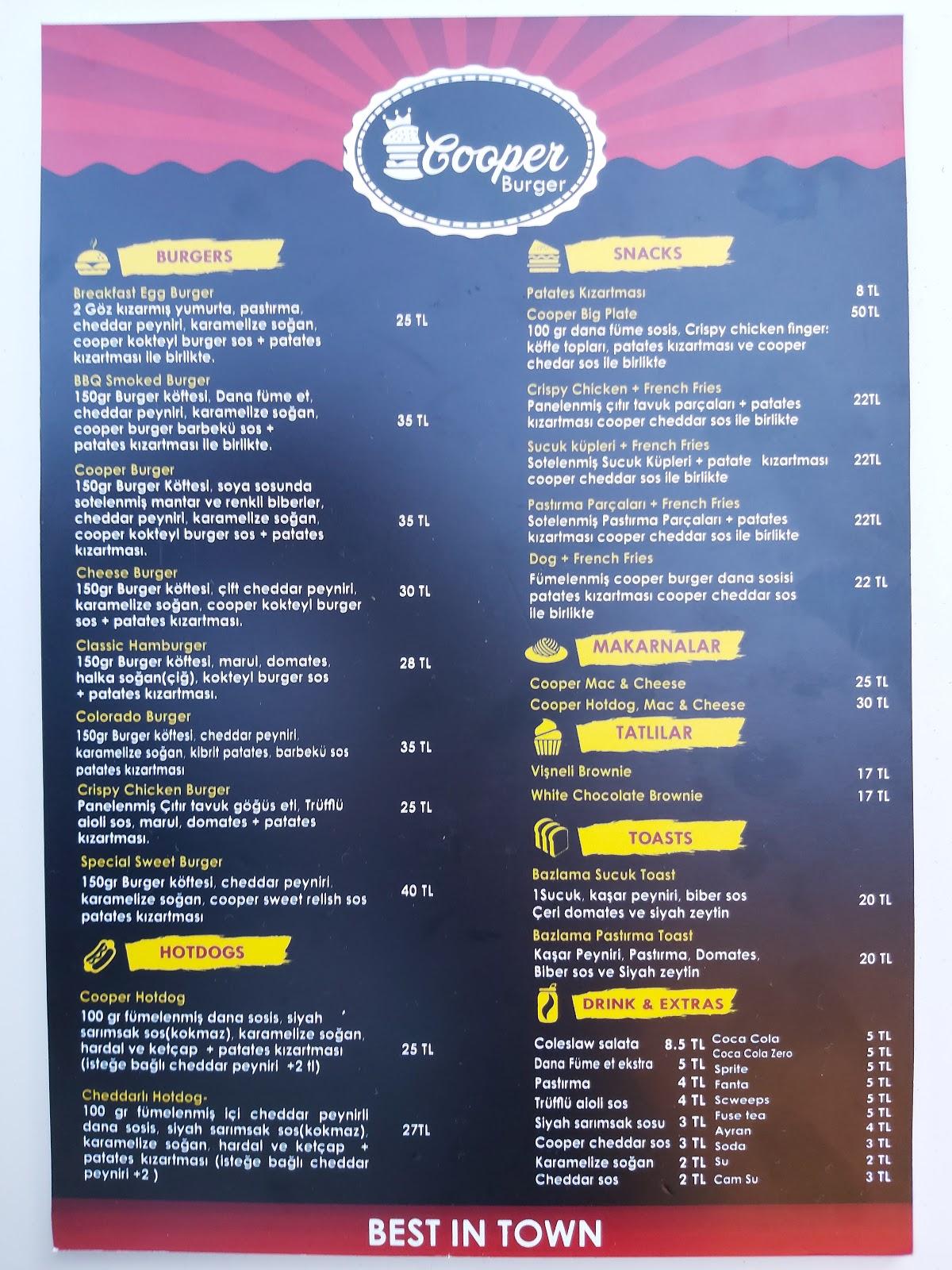Menu at Cooper Burger, Istanbul