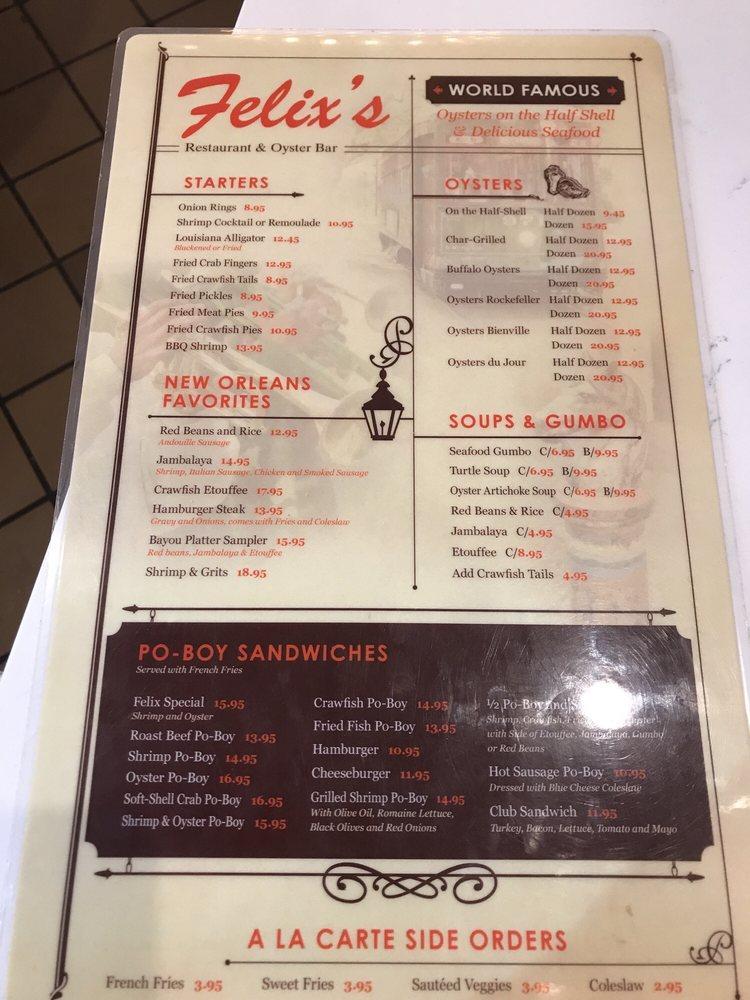 Menu at Felix's Restaurant & Oyster Bar, New Orleans, 739 Iberville St