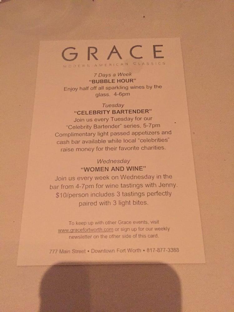Menu at GRACE restaurant, Fort Worth, 777 Main St