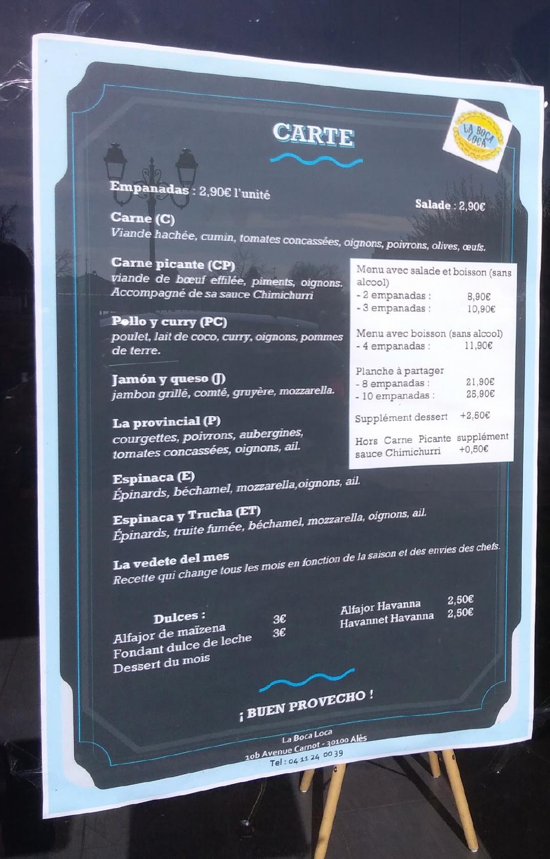 Menu at La Boca Loca restaurant, Alès