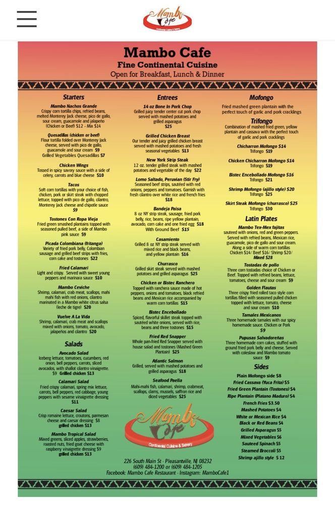 Menu at Mambo Café cafe, Pleasantville